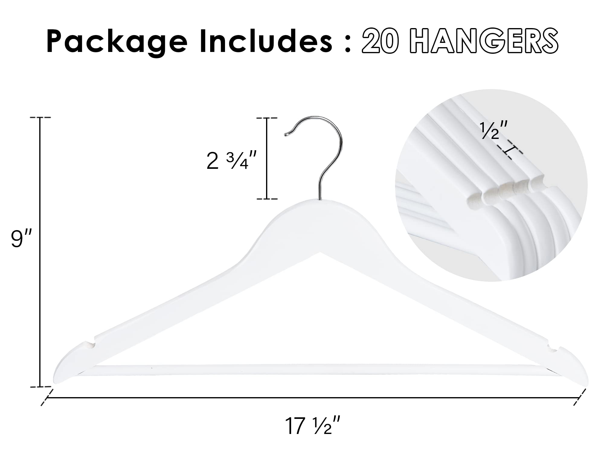 StorageWorks White Wood Hanger, Natural Wood Hangers 20 pack, White Wooden Hangers for Closet, Wooden Coat Hangers for Coats, Shirts, Bridesmaid Suits, Wedding Dress