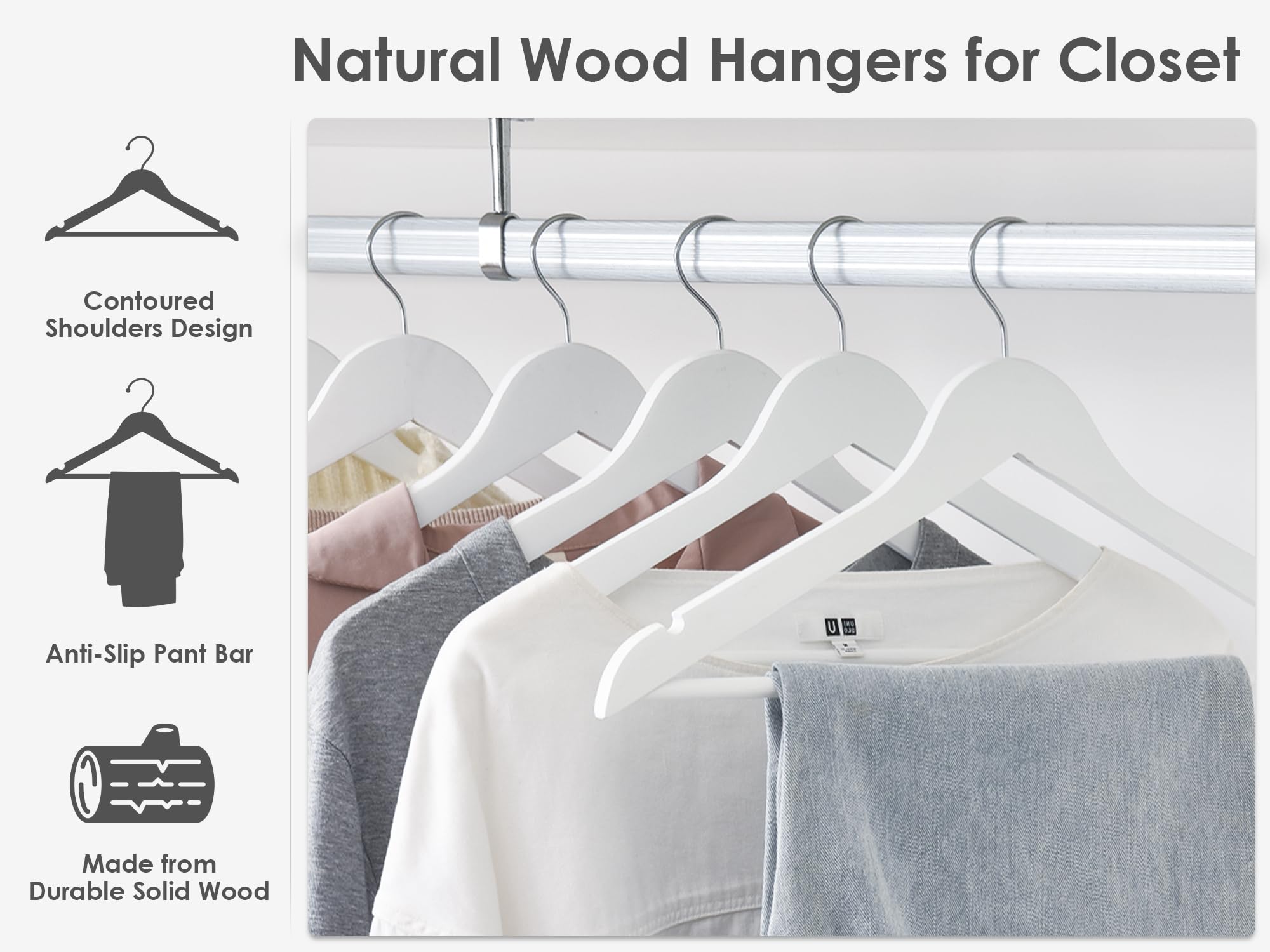 StorageWorks White Wood Hanger, Natural Wood Hangers 20 pack, White Wooden Hangers for Closet, Wooden Coat Hangers for Coats, Shirts, Bridesmaid Suits, Wedding Dress