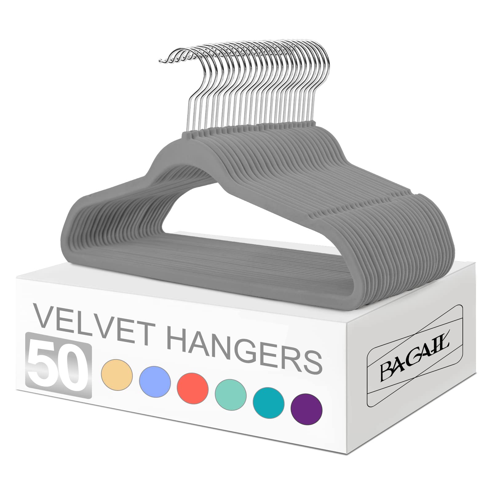 BAGAIL Velvet Hangers 50 Pack, Non Slip 360 Degree Swivel Hook Strong and Durable Clothes Hangers for Coats, Suit, Shirt Dress, Pants & Dress Clothes(Grey, 50 Pack)