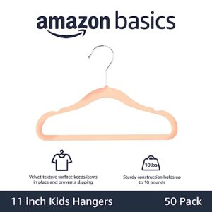 Amazon Basics Kids Velvet, Non-Slip Clothes Hangers for Infant and Toddler, 11.6 Inches (for baby clothes), Pack of 50, Blush