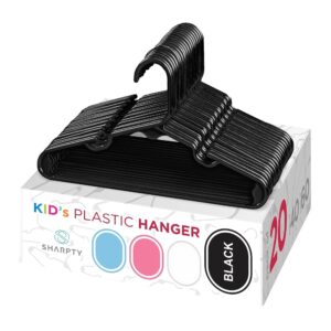 sharpty kids plastic hangers, children's hangers for baby, toddler, and child clothes - everyday standard use - ideal for boys and girls closet, clothing, pants, coats, and more - black, 20 pack