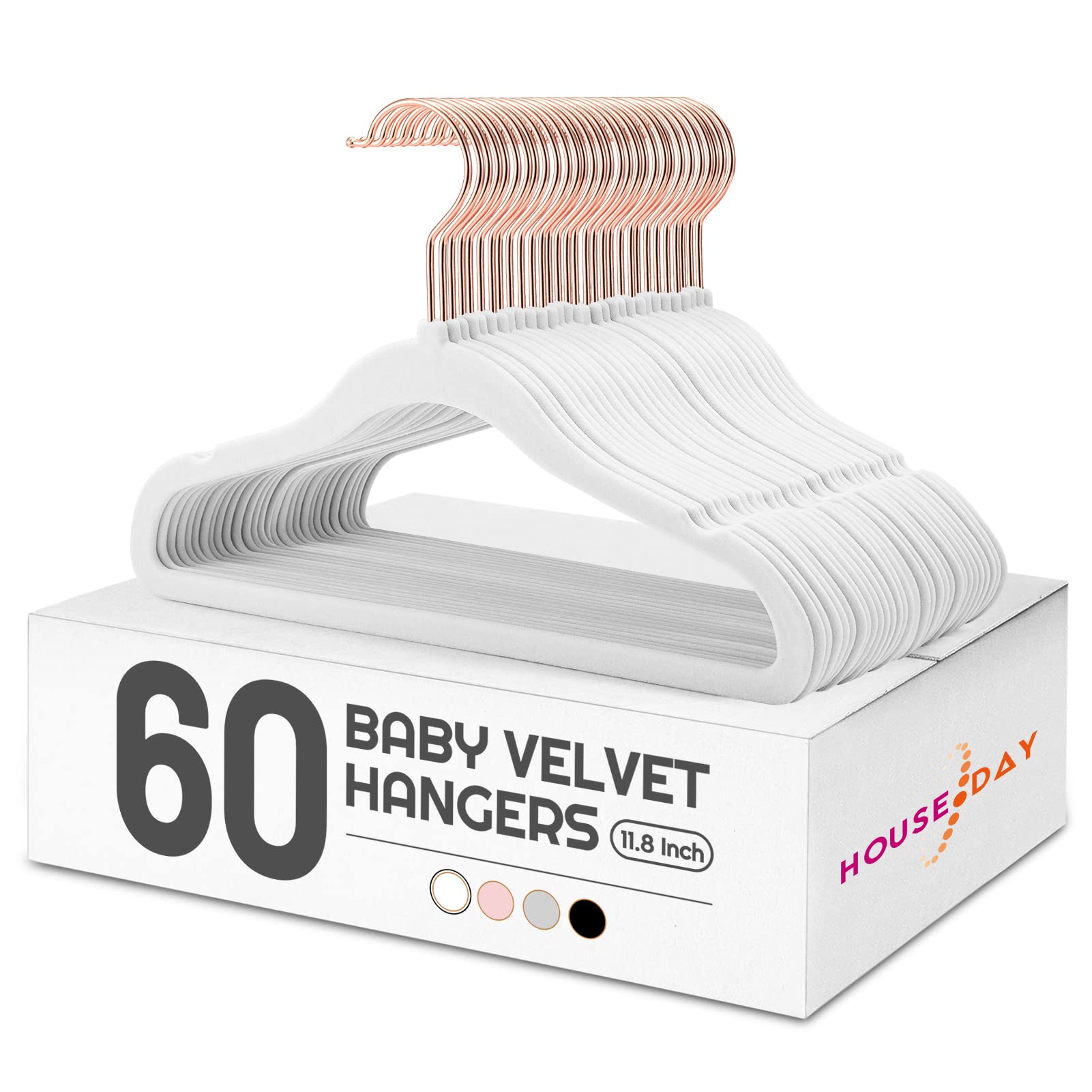 HOUSE DAY Velvet Baby Hangers for Closet, Kids Hangers Velvet 60 Pack, Non Slip Toddler Hangers 11.8 Inch, Durable Childrens Hangers Newborn Hangers for Baby Clothes- White