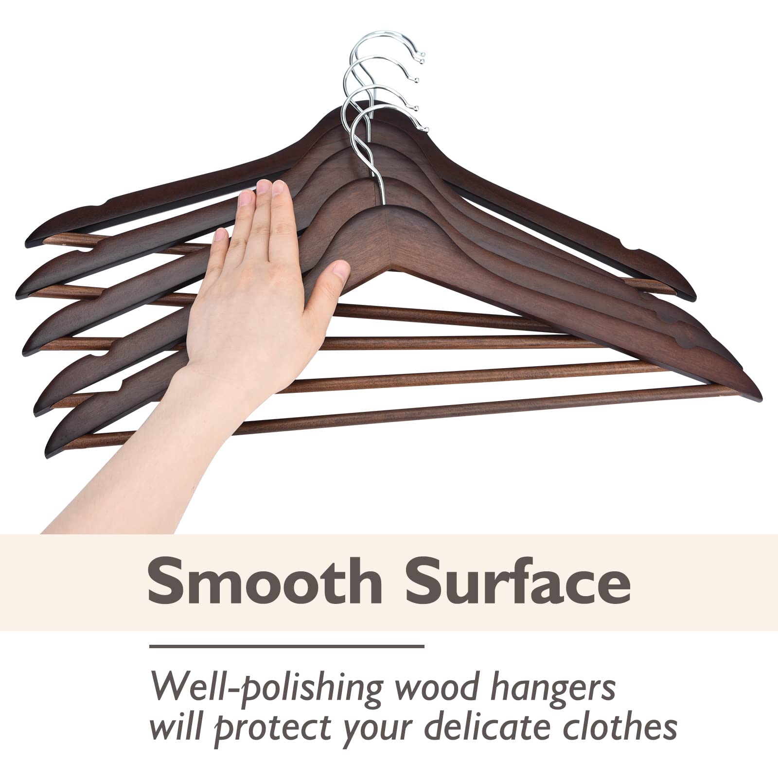 Edergoo Wooden Hangers 30 Pack, Slim Hangers Wood with Non Slip Pants Bar, Smooth Finish Wooden Suit Hangers, Walnut