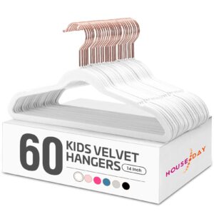 house day velvet kids hangers 60 pack, premium childrens hangers for closet, ultra thin cute hangers kids clothes hanger, non slip kids felt hangers 14 inch, small hangers for kids clothes, white