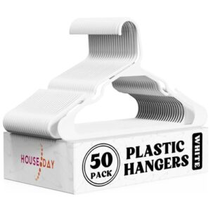 house day white plastic hangers 50 pack, plastic clothes hangers space saving, sturdy clothing notched hangers, heavy duty coat hangers for closet, laundry hangers for adult coat, suit, shirt, dress