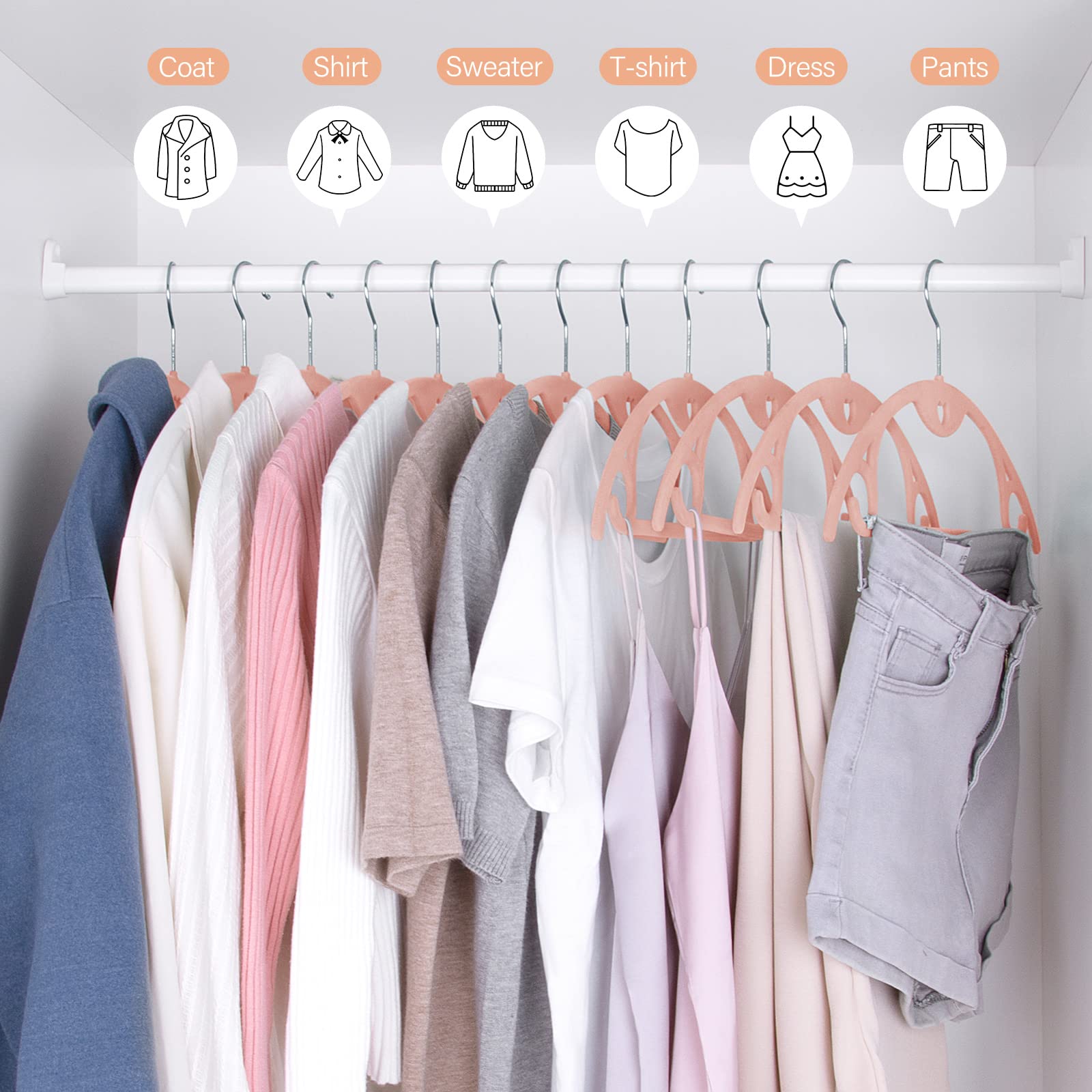 IEOKE Velvet Hangers, 50-Pack No Shoulder Bumps Suit Hangers Ultra Thin Space Saving 360 Degree Swivel Heavy Duty Hook Durable Hangers for Sweaters Coat Jackets Shirts Dresses (50 Pack, Pink/Silver)