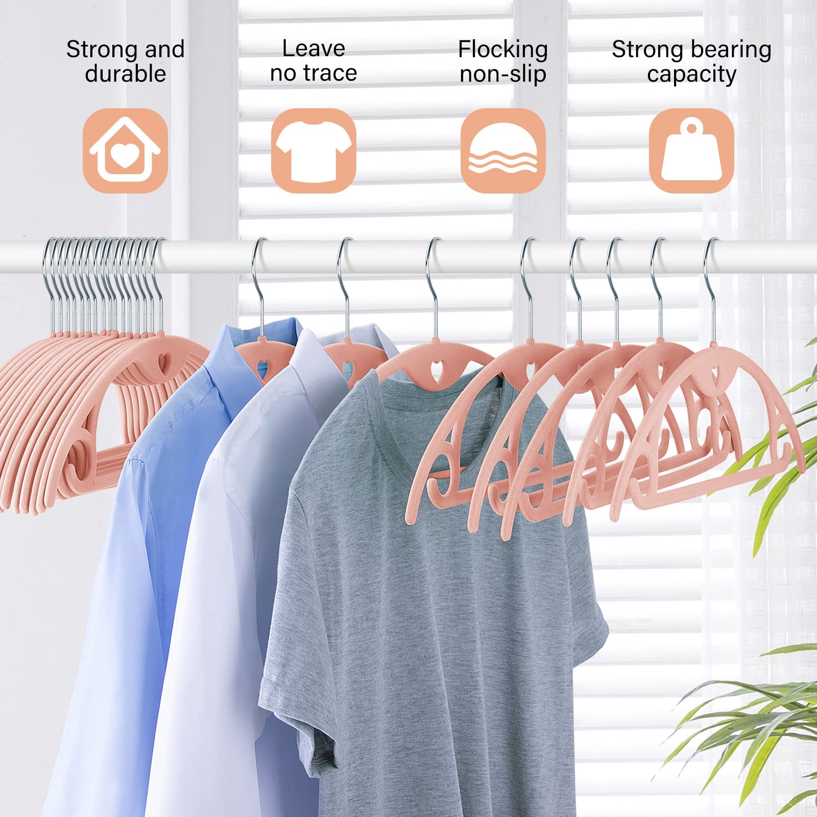 IEOKE Velvet Hangers, 50-Pack No Shoulder Bumps Suit Hangers Ultra Thin Space Saving 360 Degree Swivel Heavy Duty Hook Durable Hangers for Sweaters Coat Jackets Shirts Dresses (50 Pack, Pink/Silver)