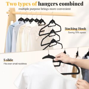 UEAKPIC Black Velvet Hangers 50 Pack, S-Shaped and Stackable Non Slip Felt Hanger with 360°Swivel Hook, Ultra Thin and Space Saving Flocked Hangers for Suits, Shirts, Coats, 15Lbs Capacity Heavy Duty