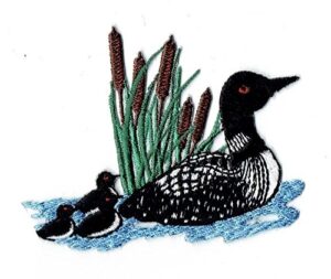 divers loon bird with chicks in cattails embroidered iron on patch