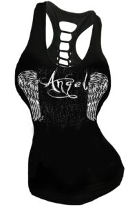 sexy biker tattoo angel wings skull tee motorcyle graphic rock black ladies t-shirt (m, fallen angel black)