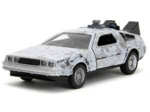 dmc delorean time machine brushed metal (frost version) back to the future (1985) movie hollywood rides series 1/32 diecast model car by jada 34785