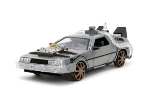 delorean brushed metal time machine (train wheel version) with lights back to the future part iii (1990) movie hollywood rides series 1/24 diecast model car by jada 34996