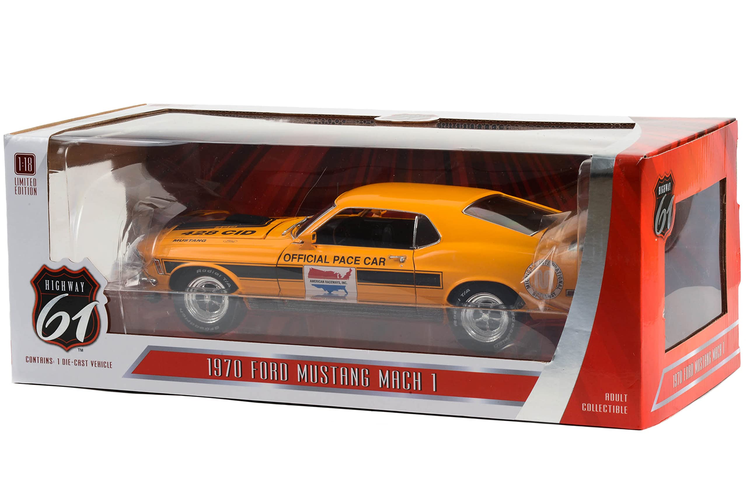 1970 Mach 1 Yellow with Black Stripes Michigan International Speedway Official Pace Car 1/18 Diecast Model Car by Highway 61 HWY-18035