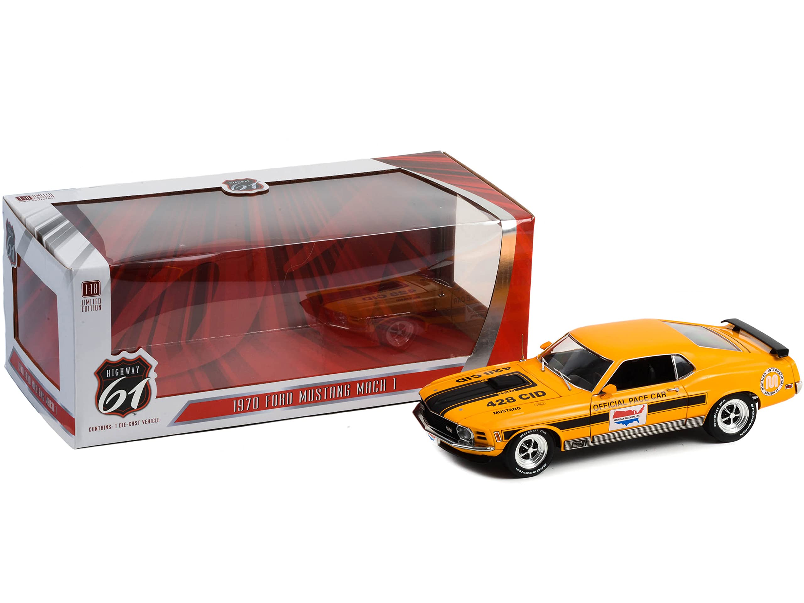 1970 Mach 1 Yellow with Black Stripes Michigan International Speedway Official Pace Car 1/18 Diecast Model Car by Highway 61 HWY-18035