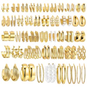 42 pairs gold hoop earrings set for women, fashion chunky pearl earrings multipack twisted statement earring pack, hypoallergenic small big hoops earrings for birthday party (gold-42 pairs)