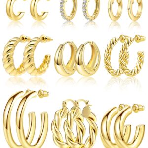 Adoyi Gold Hoop Earrings Set for Women Girls Gold Hoops Twisted Huggie Hoops Earrings 14K Plated Gold Jewelry Set for Women Girl Gift Lightweight 9 Pairs Ear Cuffs Gold Jewelry for Women