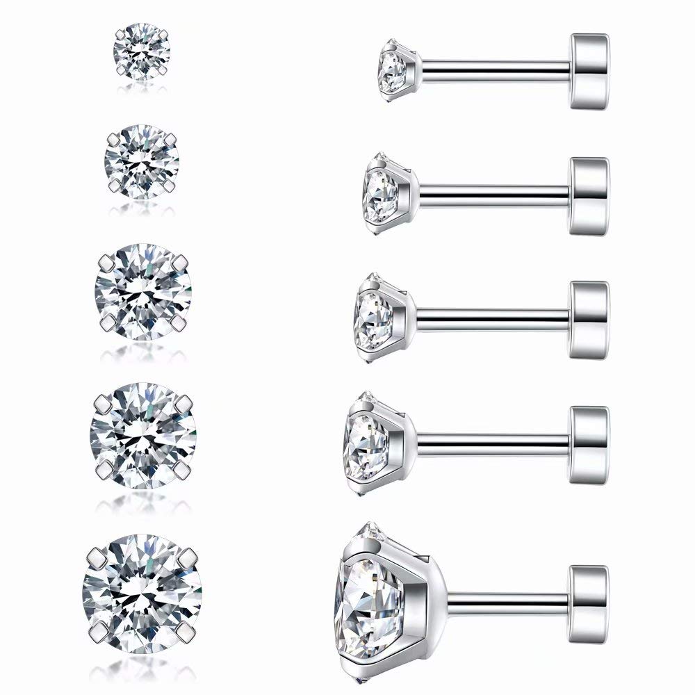 Cubic Zirconia Hypoallergenic Women's Earrings Men's Earrings Women's Earrings Cartilage Fashion Surgical Steel Screw Earrings 5 Pairs