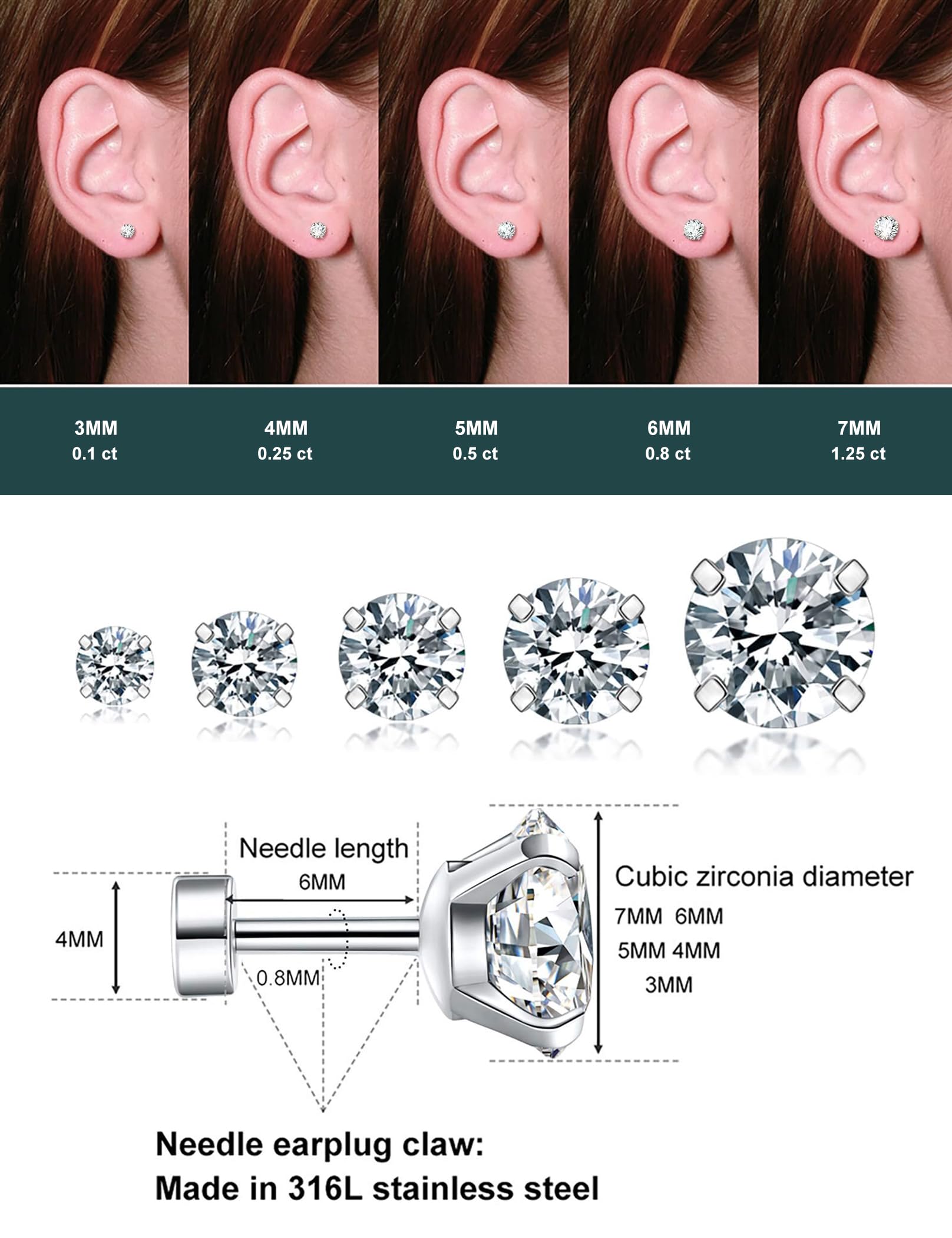 Cubic Zirconia Hypoallergenic Women's Earrings Men's Earrings Women's Earrings Cartilage Fashion Surgical Steel Screw Earrings 5 Pairs