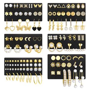 68 pairs gold stud earrings for women multipack, hypoallergenic assorted girls earring set multiple piercings,cubic zirconia pearl butterfly stud hoop earring pack