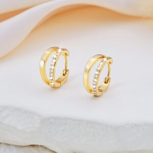 Small Dainty Huggie Hoop Earrings - 14K Gold Hypoallergenic Cubic Zirconia Earring for Women