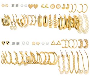 36 pairs gold earrings set for women, fashion pearl chain link stud drop dangle earrings multipack hoop earring packs, hypoallergenic earrings for birthday party jewelry