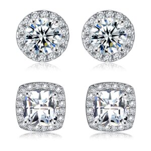 18k white gold plated round square cubic zirconia simulated diamond halo stud earrings (2 pairs)