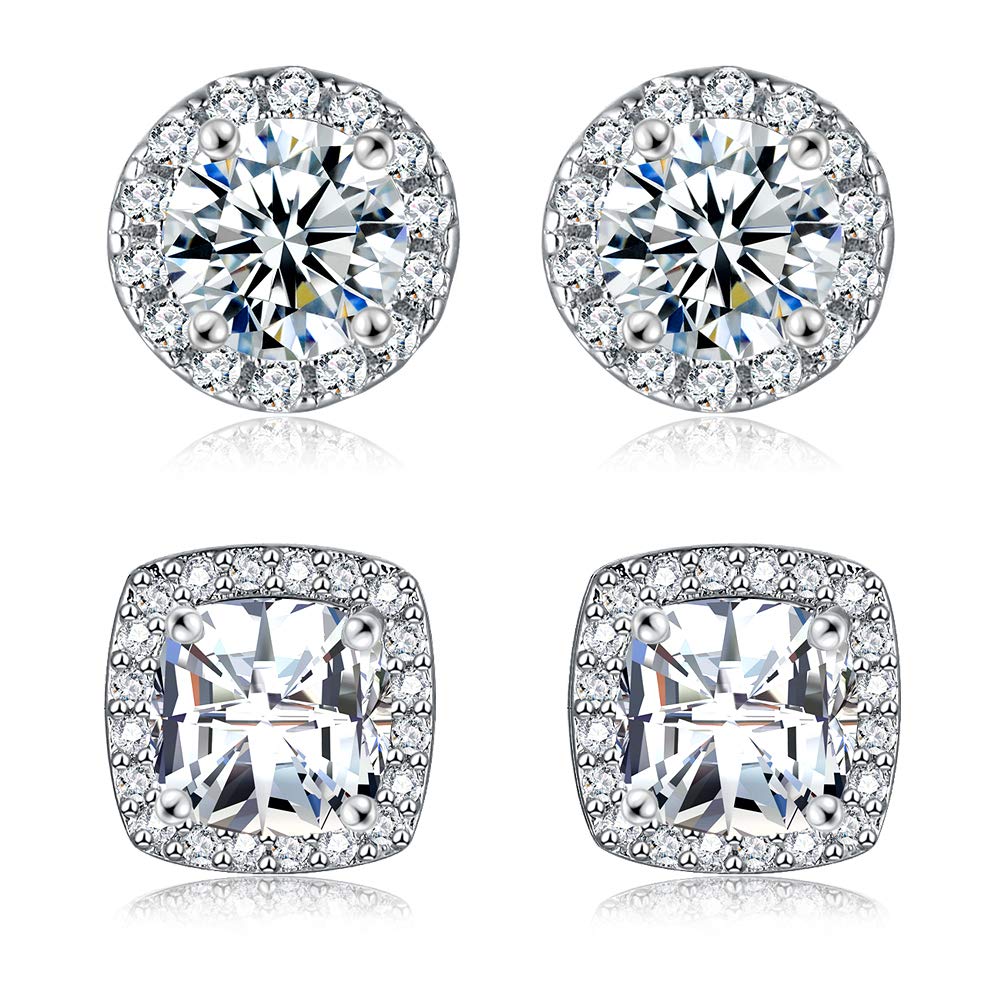 18K White Gold Plated Round Square Cubic Zirconia Simulated Diamond Halo Stud Earrings (2 Pairs)