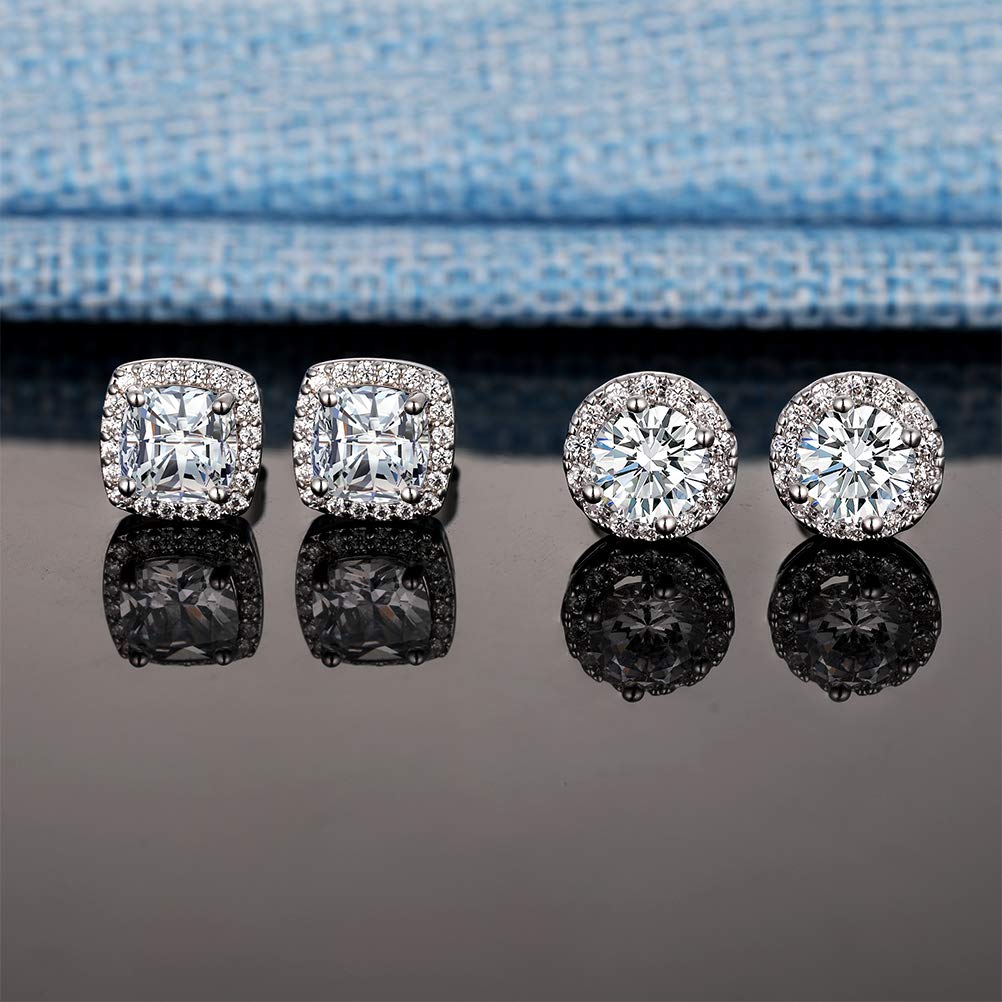 18K White Gold Plated Round Square Cubic Zirconia Simulated Diamond Halo Stud Earrings (2 Pairs)