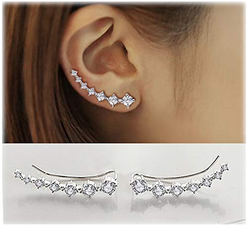 7 Crystals Ear Cuffs Hoop Climber S925 Sterling Silver Earrings Hypoallergenic Earring (White)