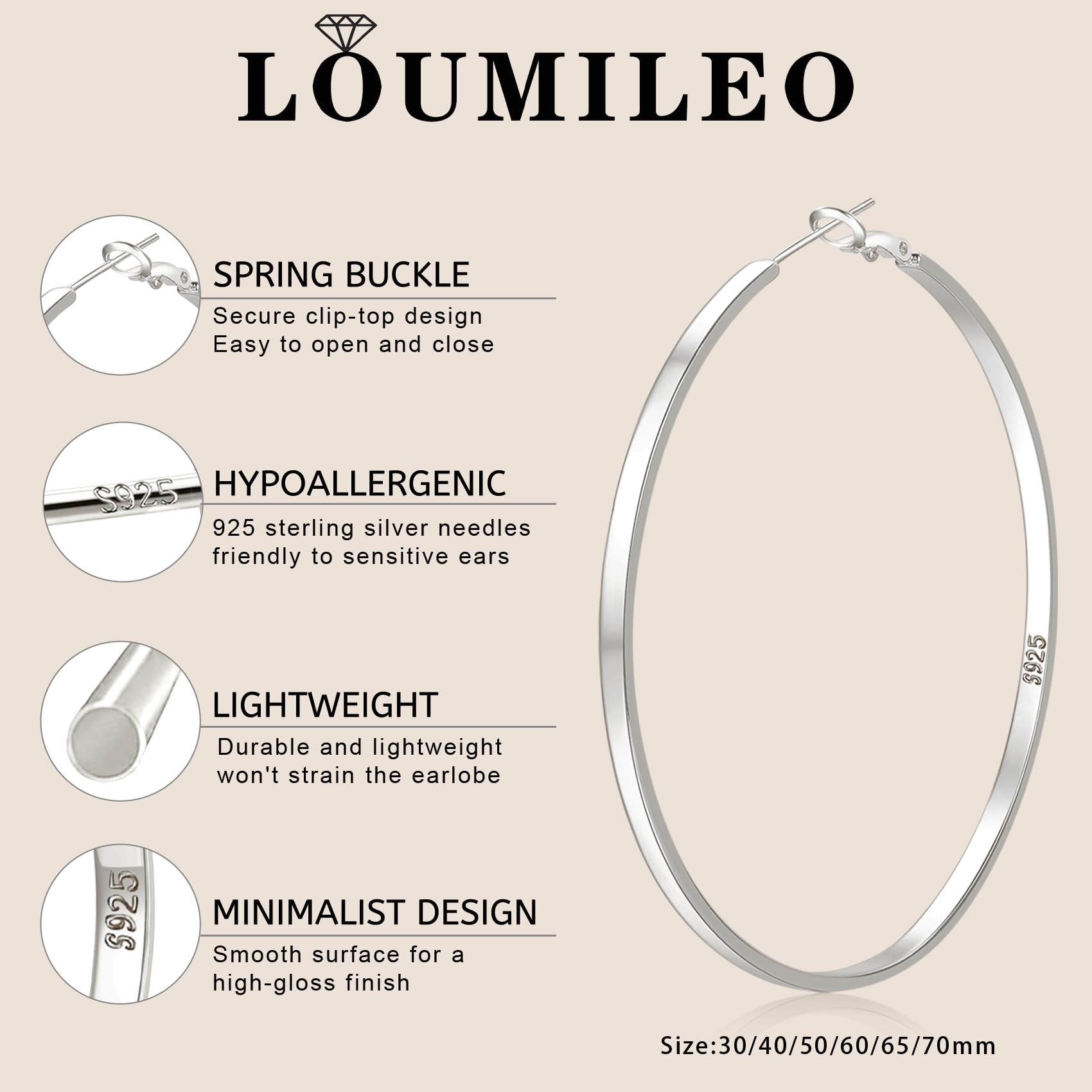 LOUMILEO Large Silver Hoop Earrings for Women Hypoallergenic Sterling Silver Hoop Earrings Lightweight Big Silver Hoop Earrings Silver Hoop Eearrings for Women