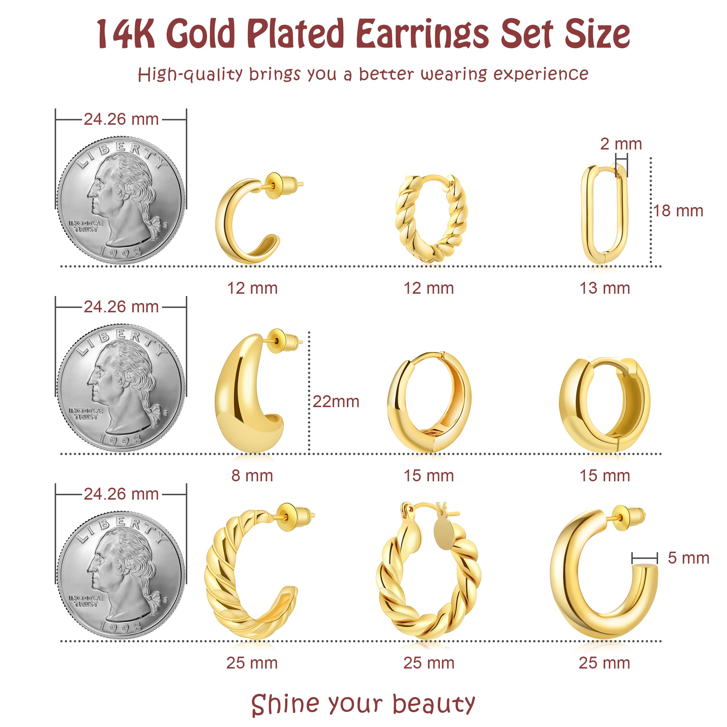 IDJEOABL Gold Hoop Earrings for Women Non Tarnish Gold Jewelry Earring Set for Women 14K Gold Plated Waterproof Hoop Clip-ons Earrings for Women