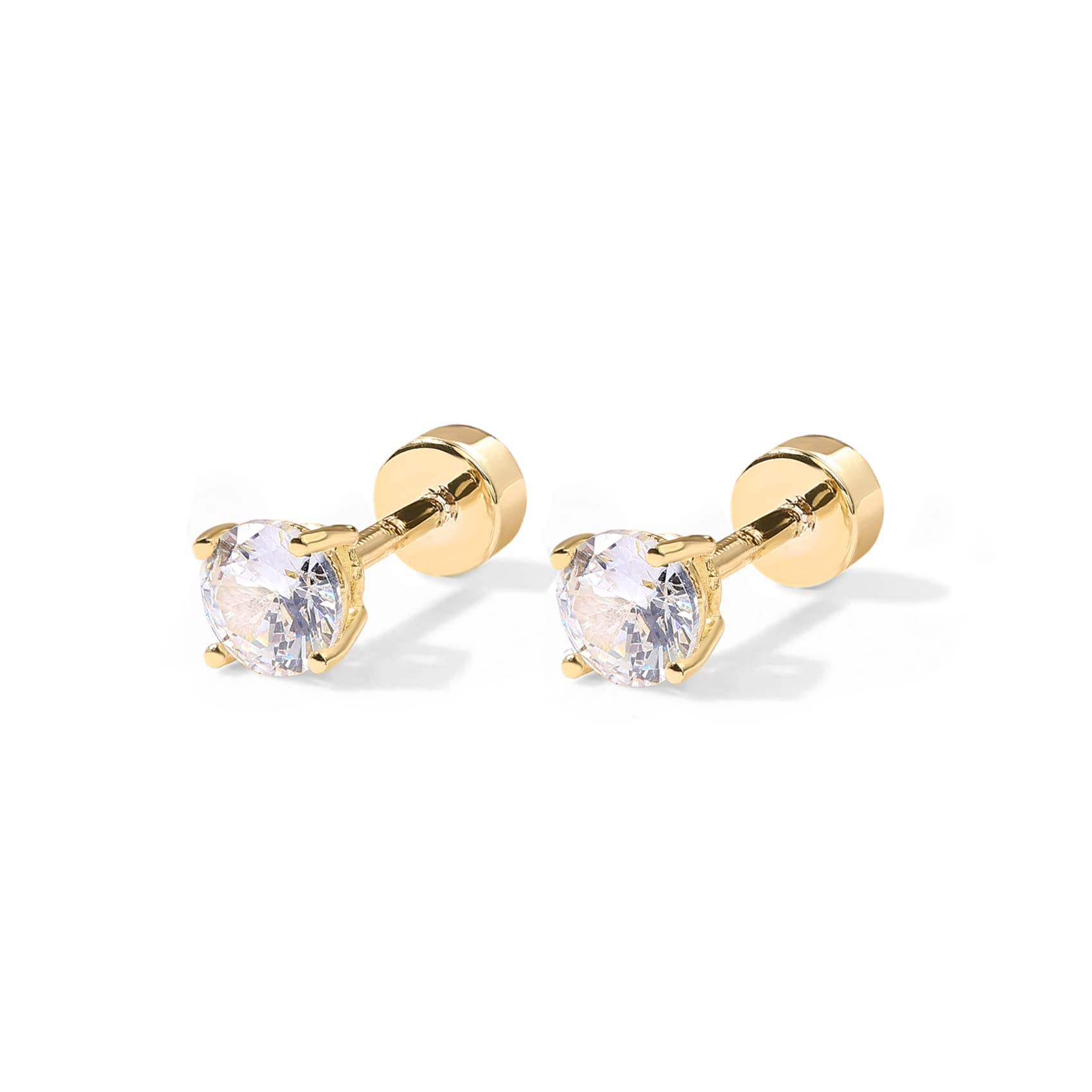 PAVOI 14K Gold Plated Solid 925 Sterling Silver Post Cubic Zirconia Stud Flat Back Earrings for Women | Cartilage Earring | Helix Piercing Jewelry | Small Stud Earrings for Women