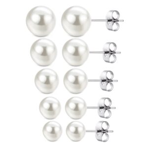 jewelrieshop faux pearl earrings hypoallergenic stainless steel imitation stud pearl earrings for women - 5 pairs (white)