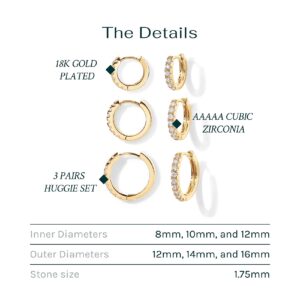 PAVOI 18K Huggie 3 Earring Pack (8mm, 10mm and 12mm) (3 Pack Huggies, Yellow Gold)