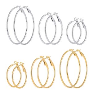 6 pairs stainless steel gold silver plated hoop earrings for women, hypoallergenic hoops women's earrings loop earrings set