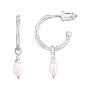 pavoi 14k white gold plated 925 sterling silver post huggie with dangle | small hoop earrings with posts for women | trendy pearl dangle hoop earrings |baroque pearl huggie earrings