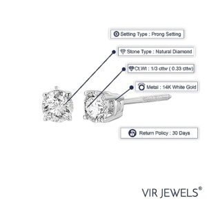 Vir Jewels 1/3 cttw Diamond Stud Earrings 14K White Gold Round Screw Backs