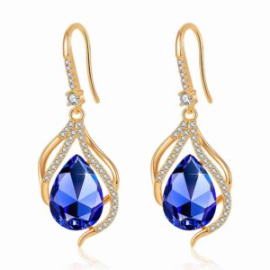 austrian crystal hollow teardrop halo drop dangle earrings for women 14k rose gold plated hypoallergenic jewelry (bermuda blue)