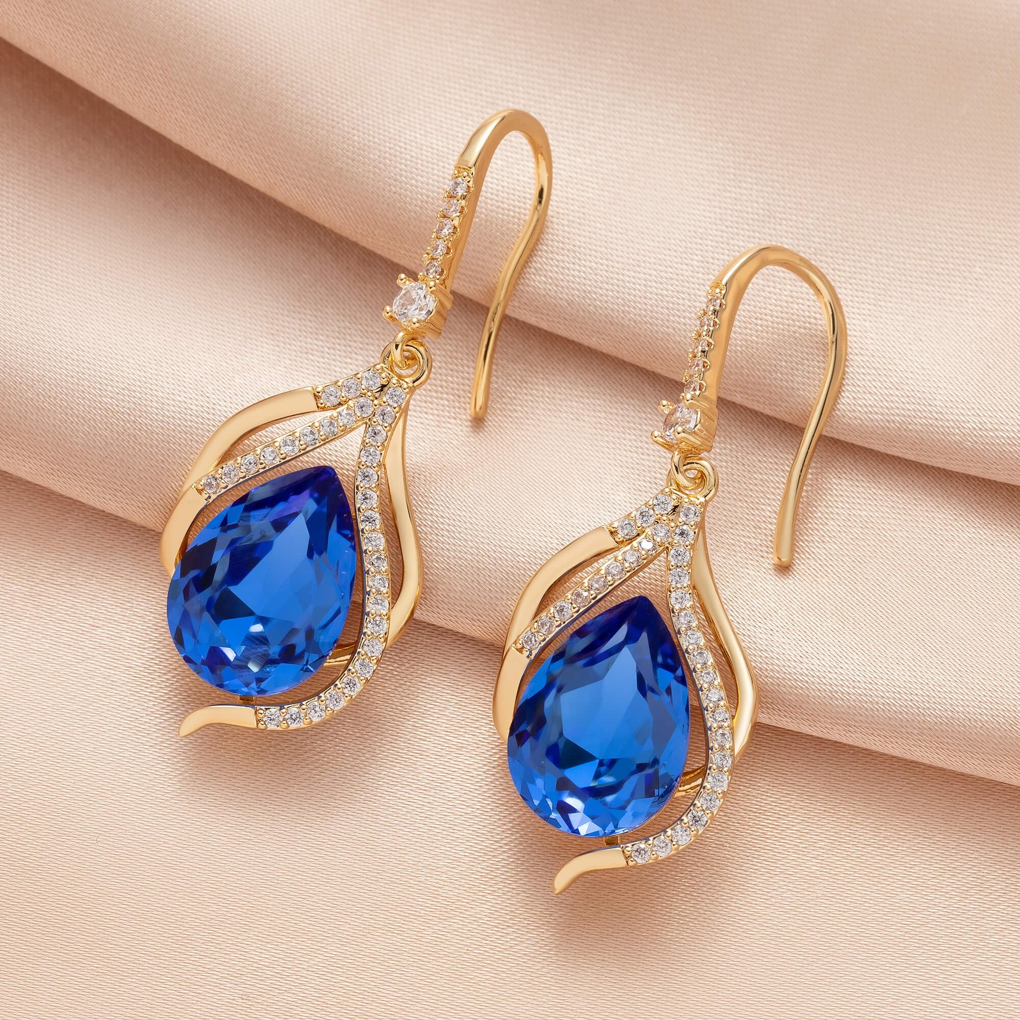 Austrian Crystal Hollow Teardrop Halo Drop Dangle Earrings for Women 14K Rose Gold Plated Hypoallergenic Jewelry (Bermuda Blue)