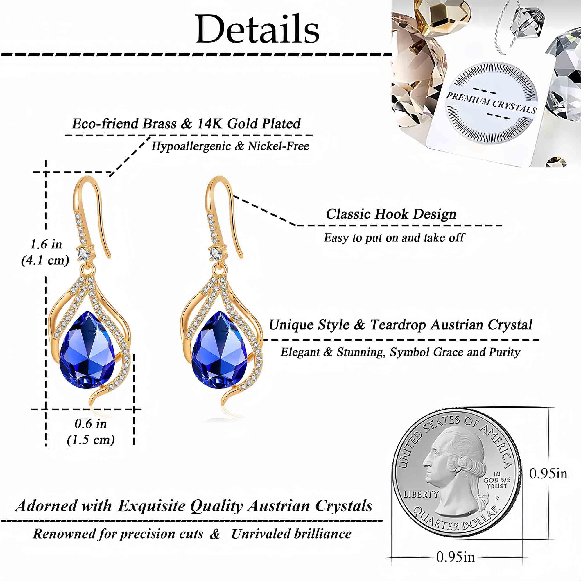 Austrian Crystal Hollow Teardrop Halo Drop Dangle Earrings for Women 14K Rose Gold Plated Hypoallergenic Jewelry (Bermuda Blue)