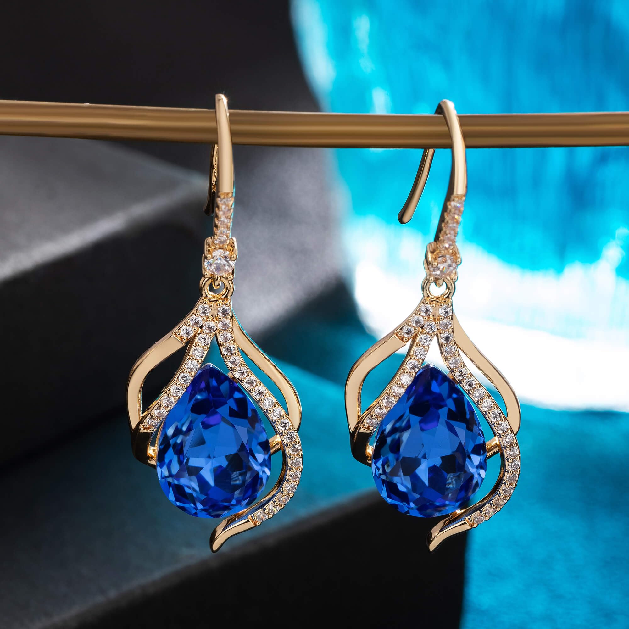 Austrian Crystal Hollow Teardrop Halo Drop Dangle Earrings for Women 14K Rose Gold Plated Hypoallergenic Jewelry (Bermuda Blue)