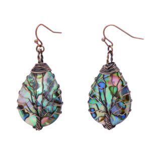 handmade teardrop abalone shell dangle earrings for women, wire craft tree of life earrings