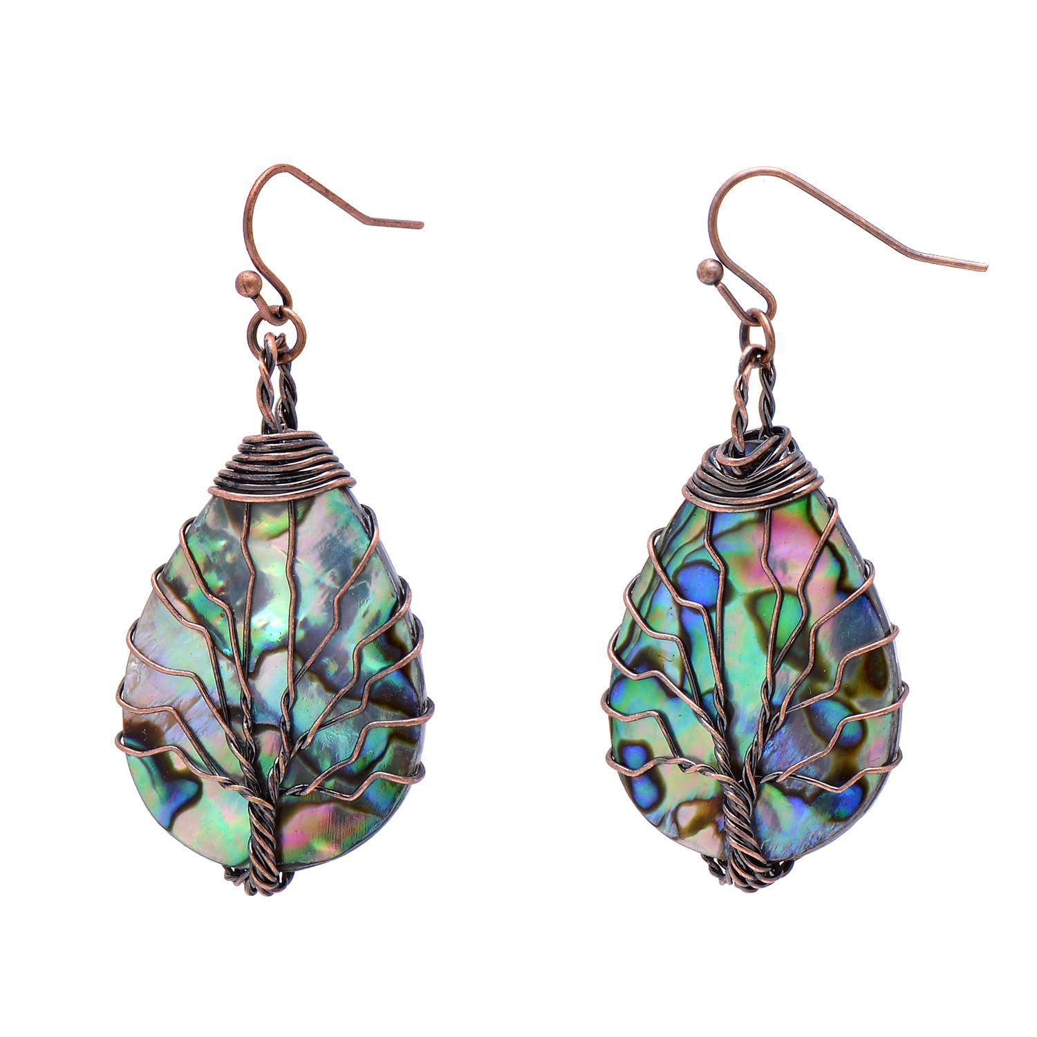 Handmade Teardrop Abalone Shell Dangle Earrings for Women, Wire Craft Tree of Life Earrings