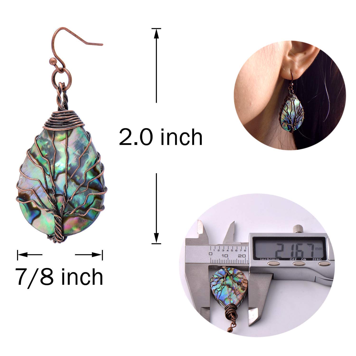 Handmade Teardrop Abalone Shell Dangle Earrings for Women, Wire Craft Tree of Life Earrings