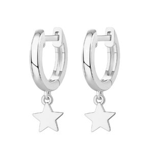 PAVOI 14K White Gold Plated 925 Sterling Silver Post Huggie With Dangle | Small Gold Hinged Hoop Earrings For Women | Trendy Star Dangle Hoop Earrings | Huggie Earrings