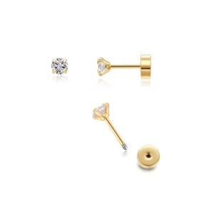 tiny 2mm cz stud earrings 14k gold,flat screw back cubic zirconia earrings helix earrings cartilage tragus piercing jewelry gift for women(2mm cz, gold)