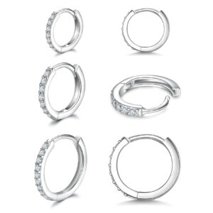 925 sterling silver small hoop earrings cubic zirconia huggie tiny earrings,3 pairs 14k white gold plated cartilage piercing earrings ear cuff for women men 8mm 10mm 12mm