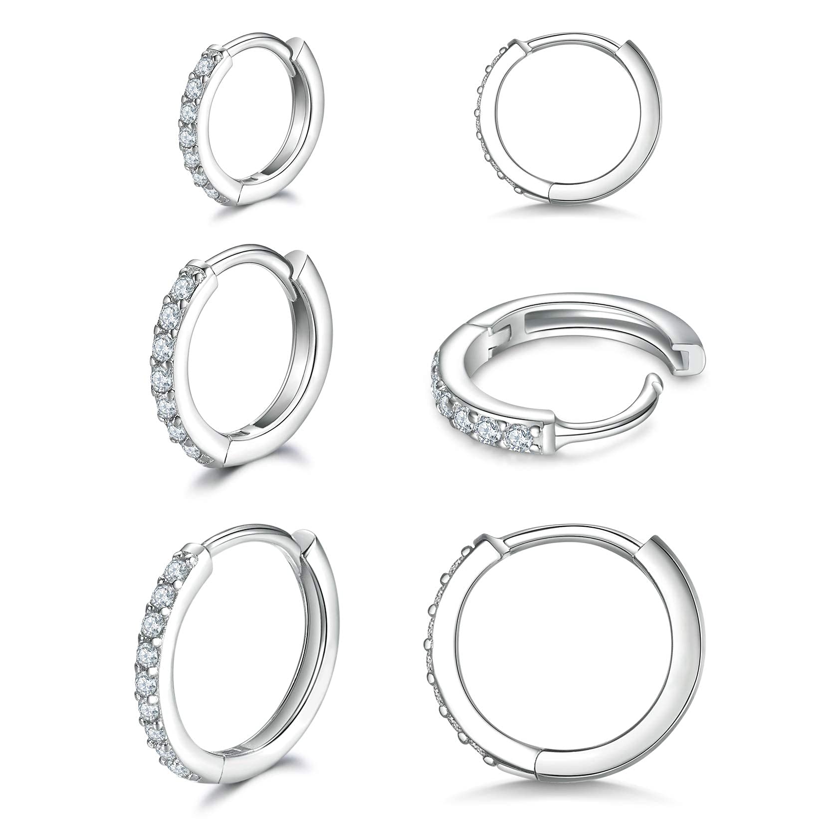 925 Sterling Silver Small Hoop Earrings Cubic Zirconia Huggie Tiny Earrings,3 Pairs 14K White Gold Plated Cartilage Piercing Earrings Ear Cuff for Women Men 8mm 10mm 12mm