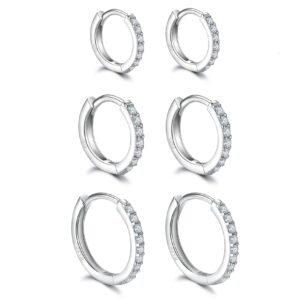 925 Sterling Silver Small Hoop Earrings Cubic Zirconia Huggie Tiny Earrings,3 Pairs 14K White Gold Plated Cartilage Piercing Earrings Ear Cuff for Women Men 8mm 10mm 12mm