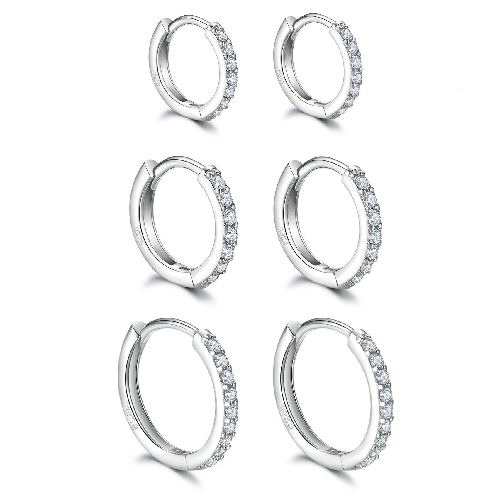 925 Sterling Silver Small Hoop Earrings Cubic Zirconia Huggie Tiny Earrings,3 Pairs 14K White Gold Plated Cartilage Piercing Earrings Ear Cuff for Women Men 8mm 10mm 12mm